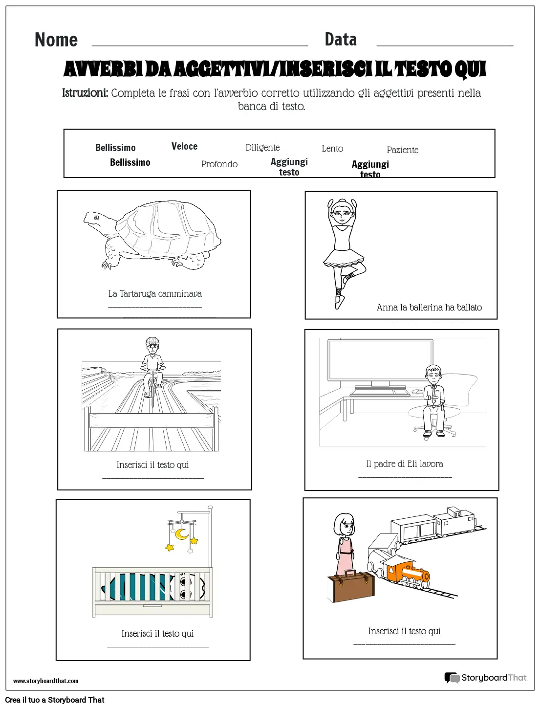 Fogli di lavoro sugli avverbi per bambini Storyboard