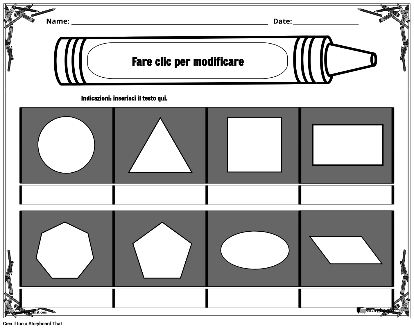 Foglio di Lavoro Sulle Forme 2D Ispirato ai Pastelli in Bianco e Nero