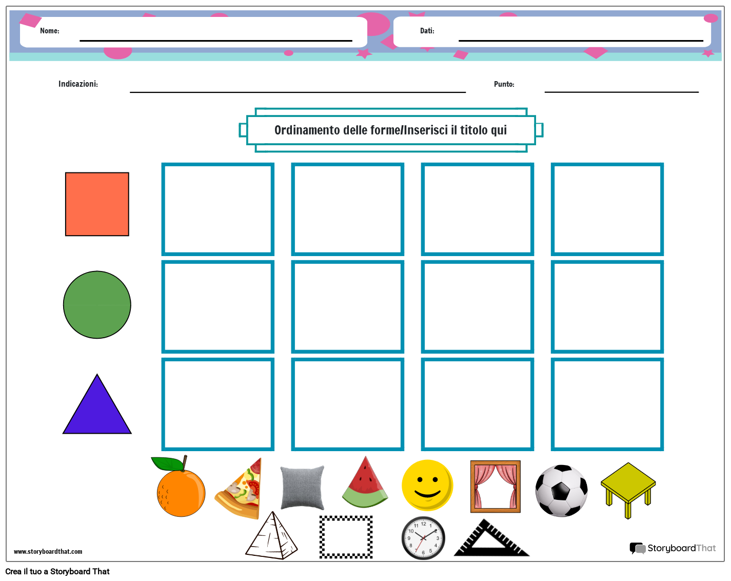 forme che ordinano il foglio di lavoro a colori