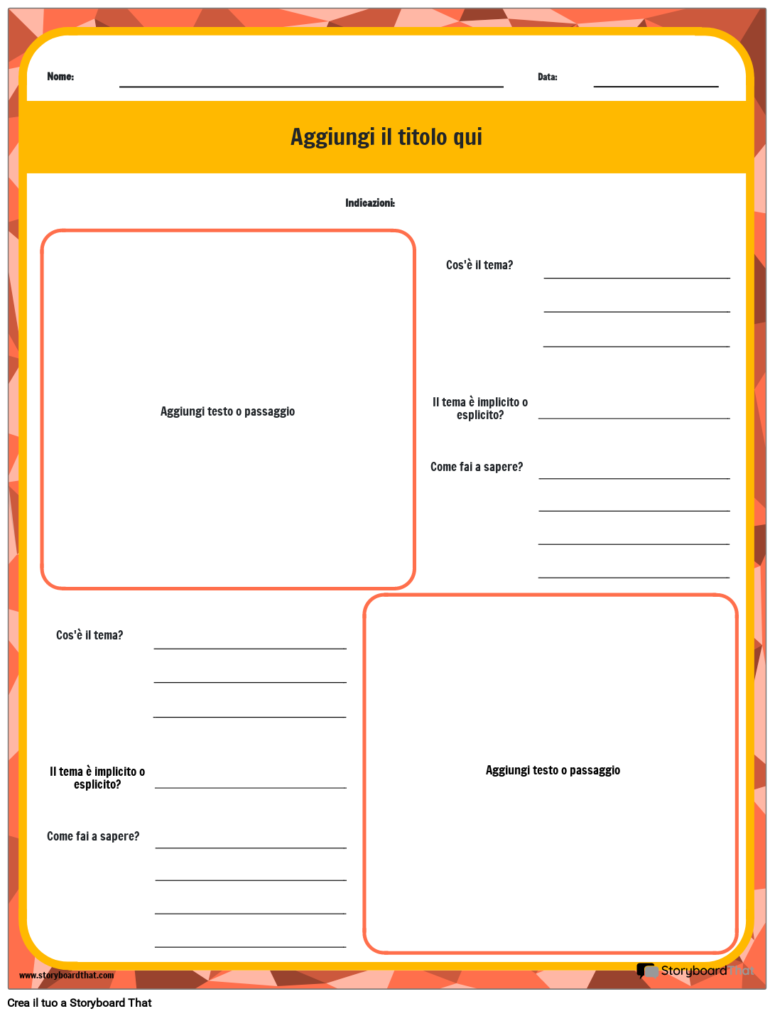 Tema di un Foglio di Lavoro per una Storia Storyboard