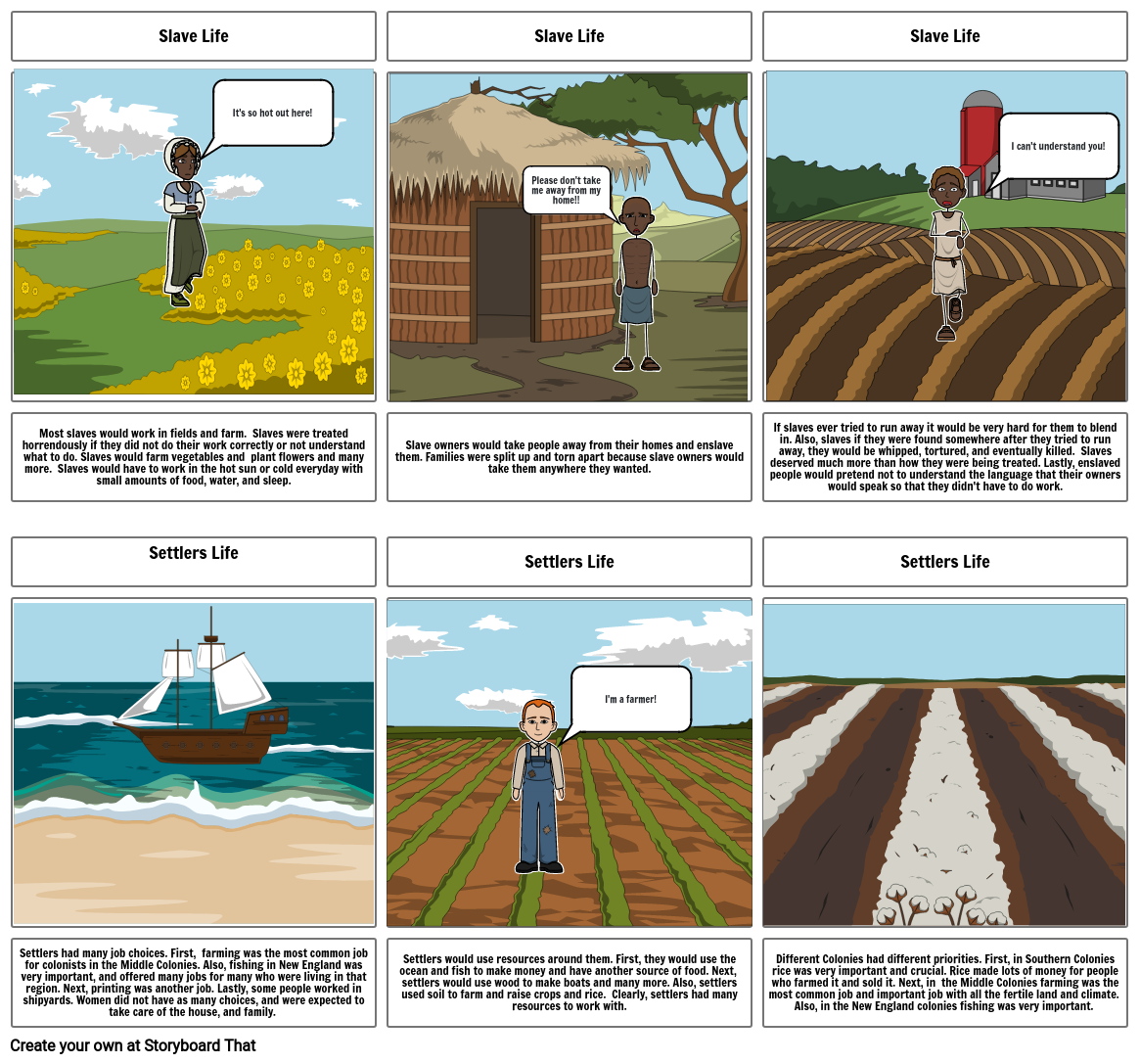 Settlers and Slave life Storyboard by jahn1228