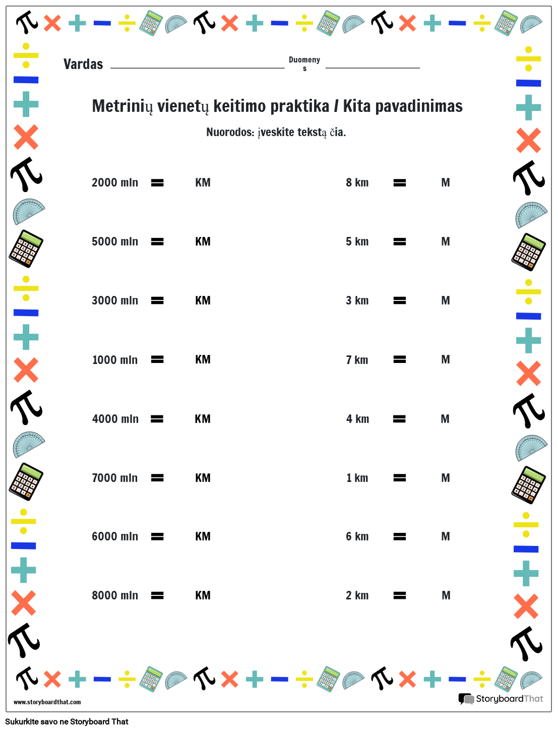 Matavimo metrikos konvertavimo darbalapis su matematine kraštine