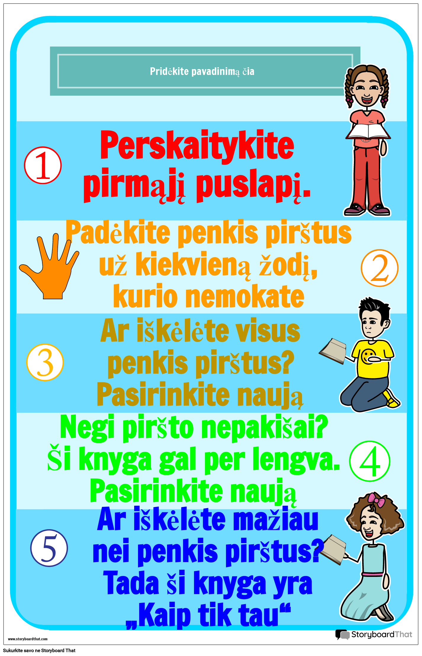 Tinkamos knygos pasirinkimas Plakatas Storyboard