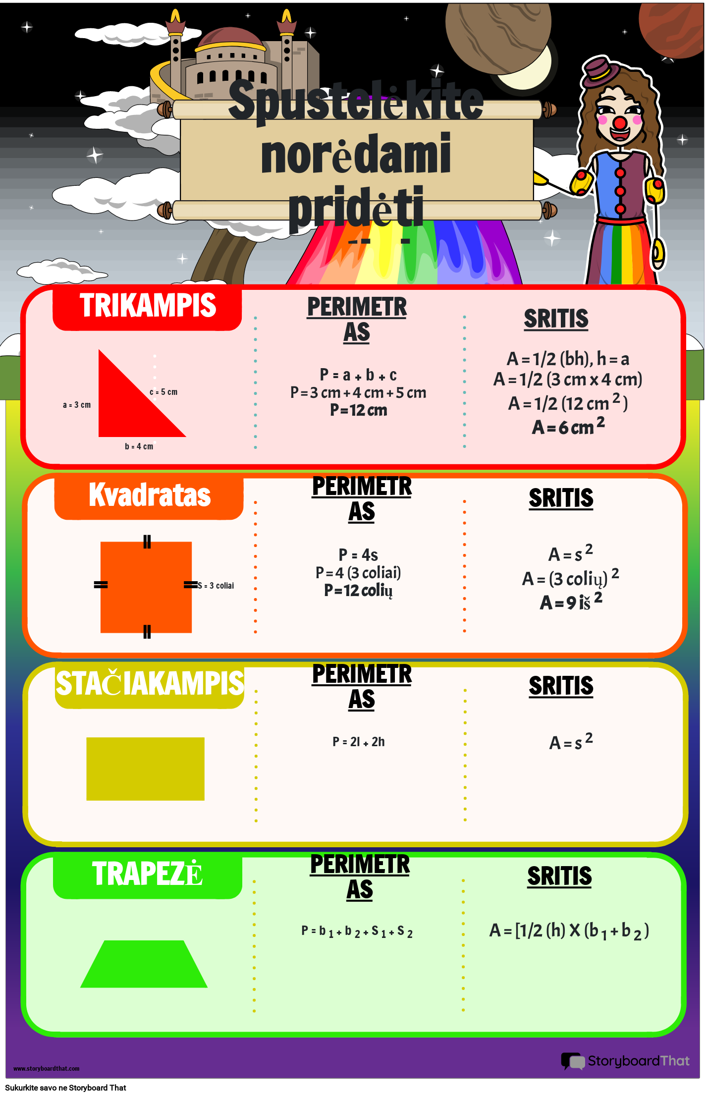 Vaivorykštės Tematikos Plakatas Apie Plotą ir Perimetrą