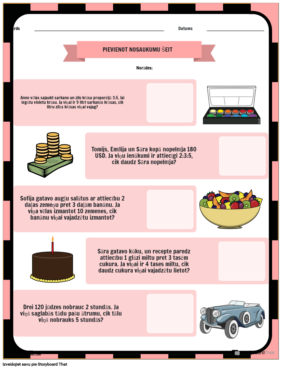 Attiecības un proporcijas Formulēti uzdevumi Storyboard