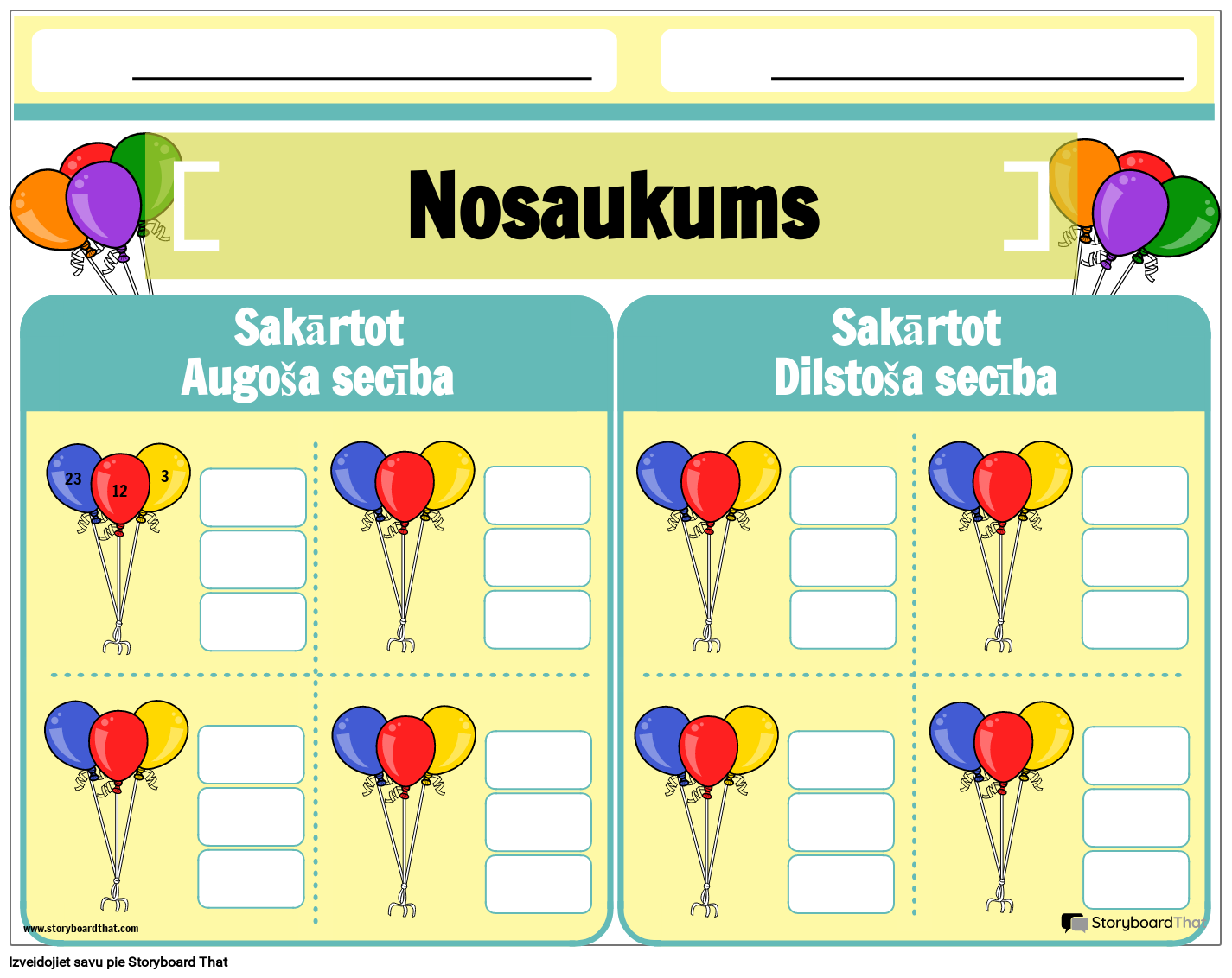 Balonu tēma Pasūtīšanas numuri Darba lapa Storyboard