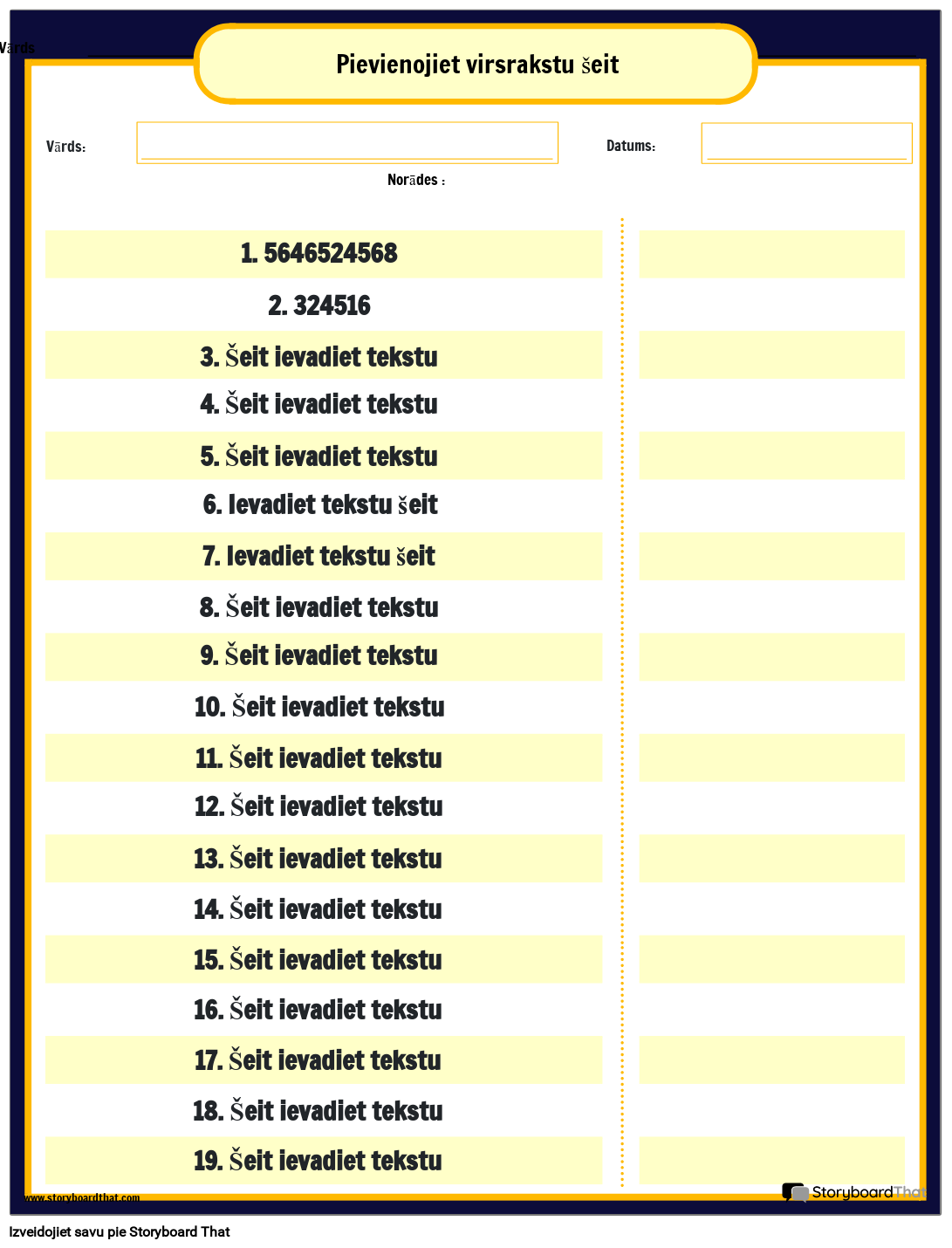 Komatu Ievietošana Skaitļu Darblapā Storyboard