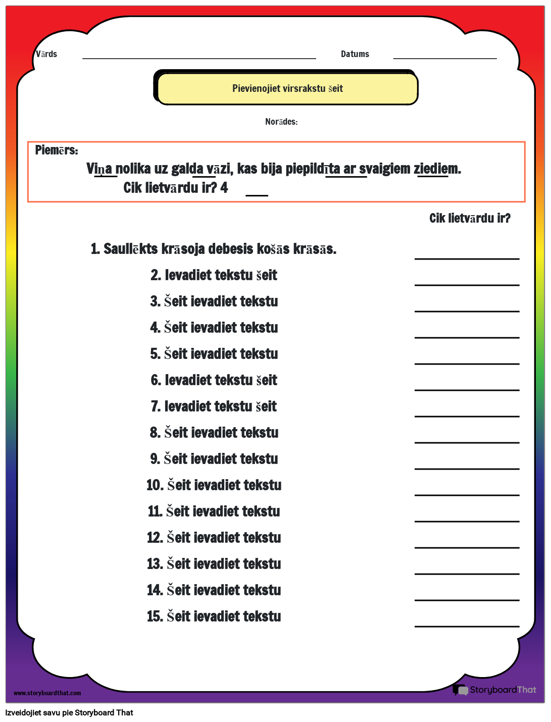 Lietvārdu Skaitīšana Teikuma Darblapā Storyboard