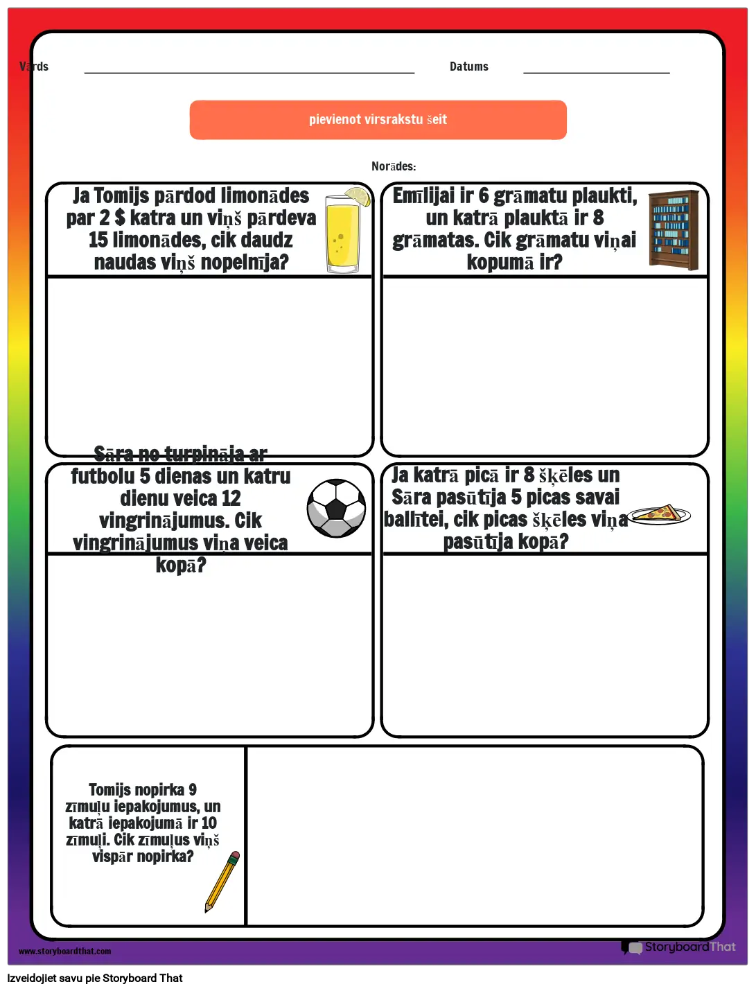 Matemātikas vārdu uzdevumi par reizināšanu Storyboard