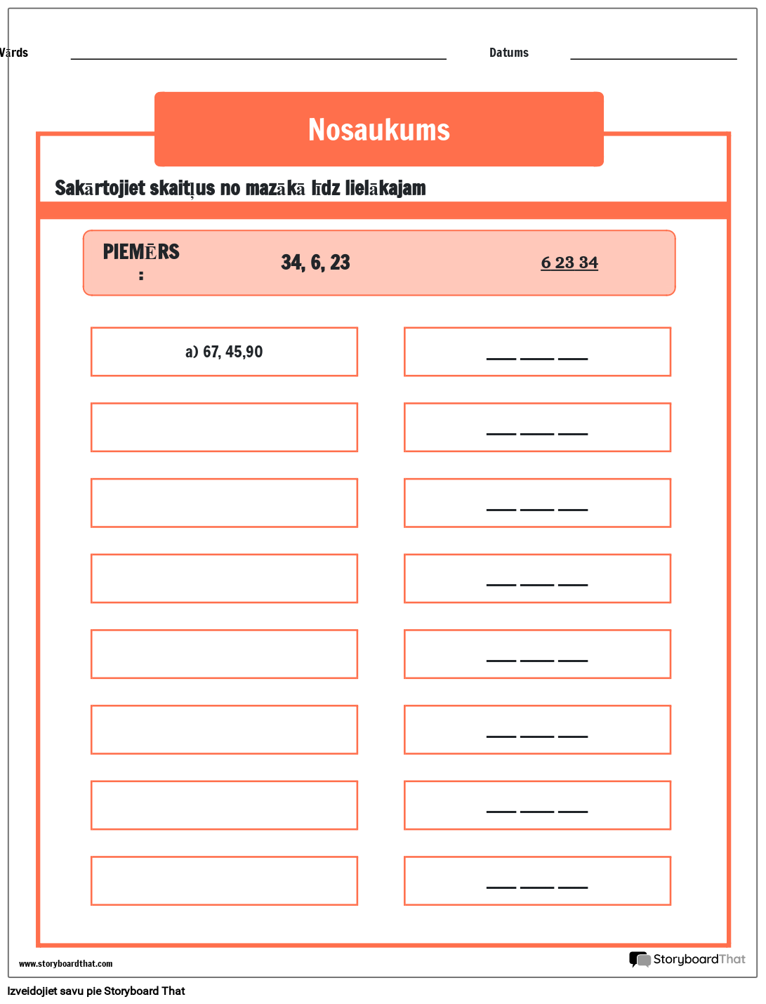 Pasūtīšanas numuri 1-100 darba lapa Storyboard
