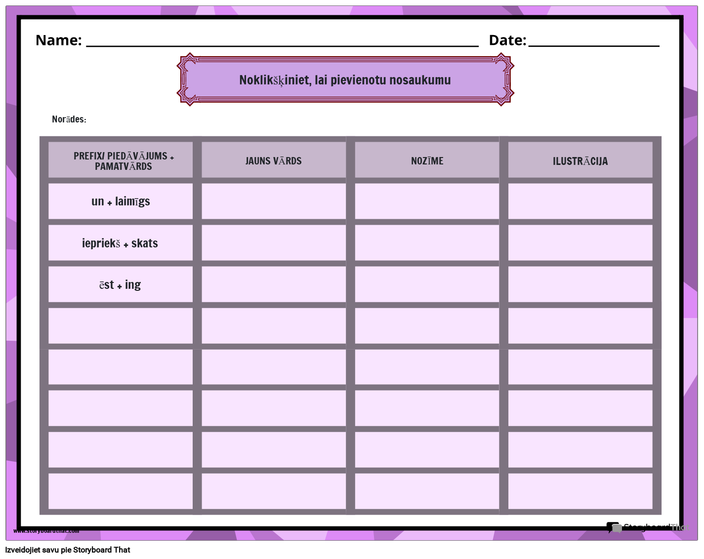 Prefiksi un Sufiksi Darblapas Veidne Storyboard