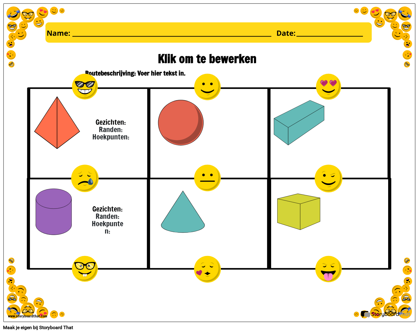 Afdrukklaar Werkblad met 3D-vormen in Emoji Storyboard