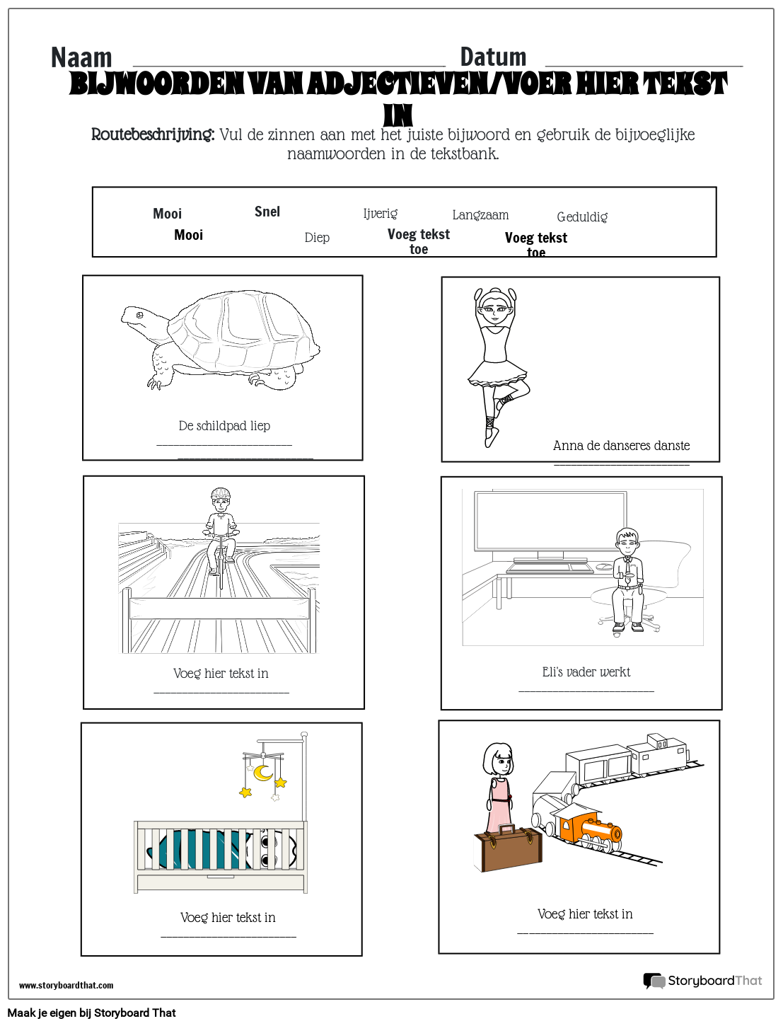 Bijwoordwerkbladen voor kinderen Storyboard por nl-examples