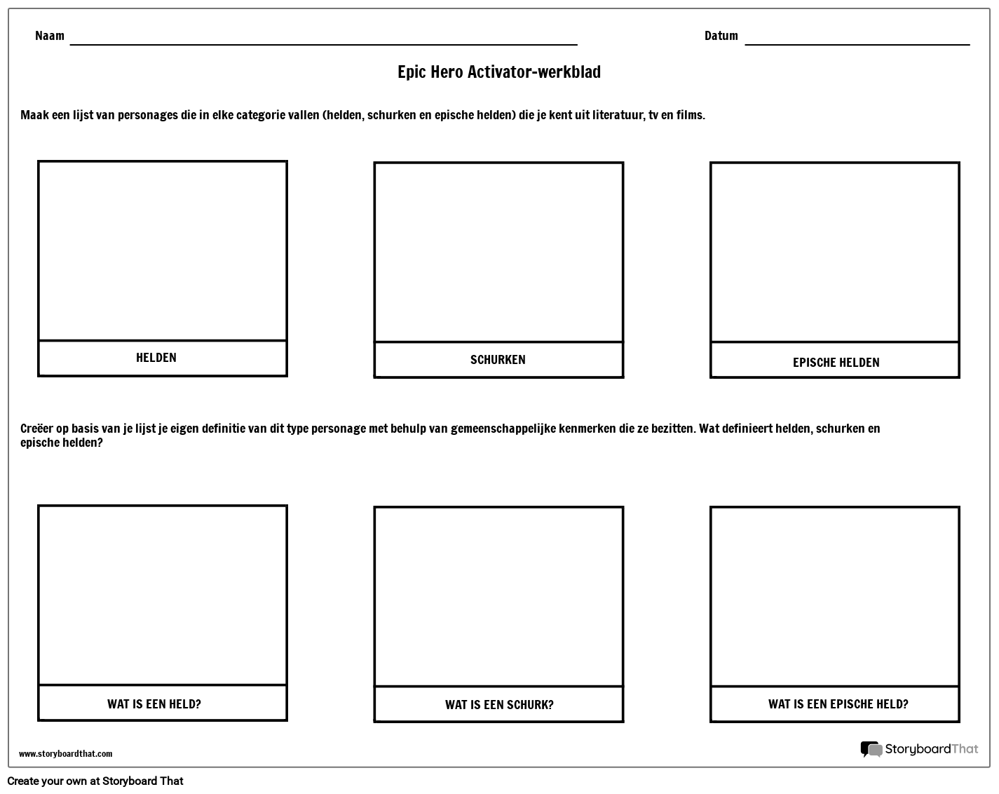 Epic Hero Activator-werkblad Storyboard por nl-examples