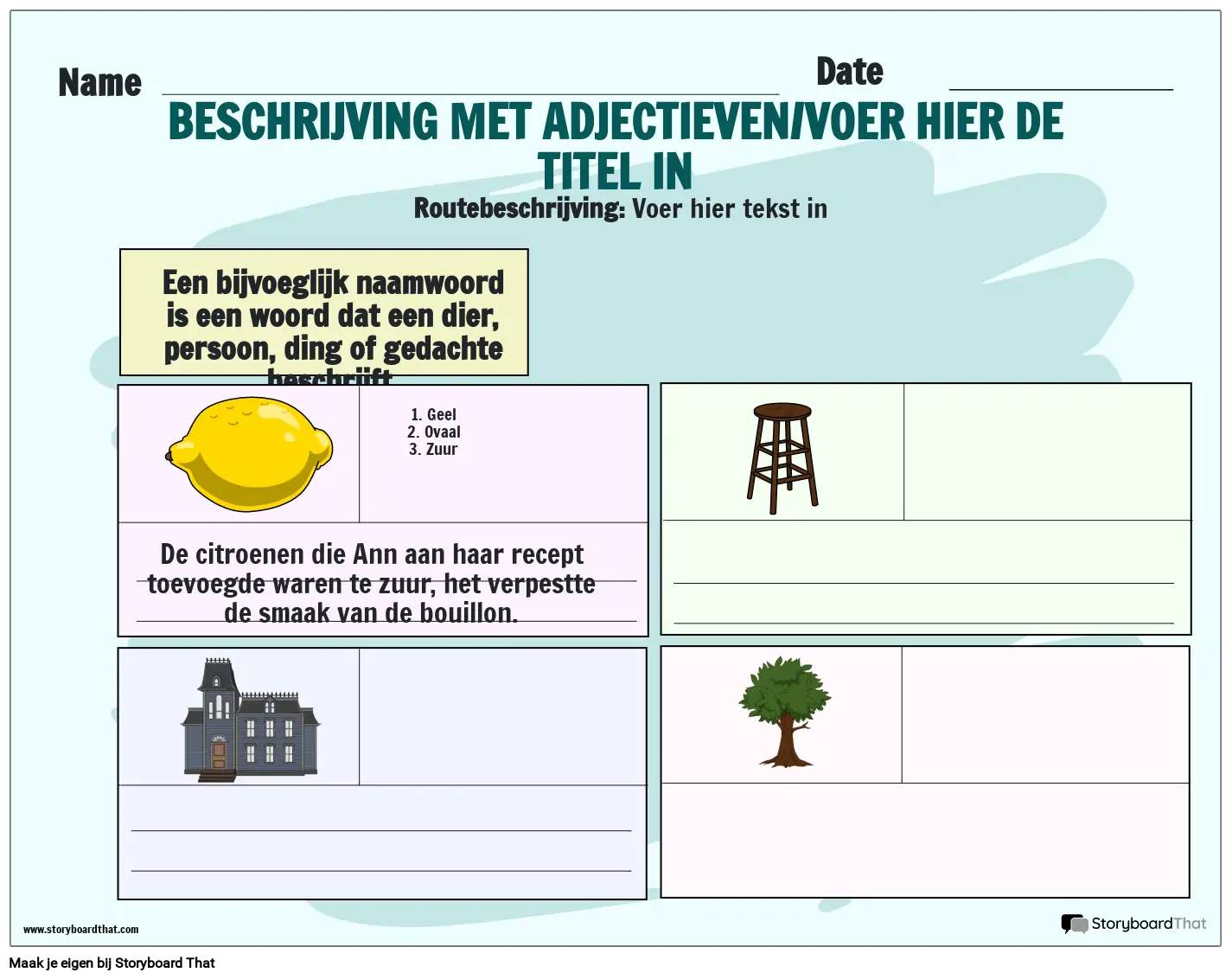 Gebruik van bijvoeglijke naamwoorden voor het beschrijvingswerkblad Gebruik van bijvoeglijke naamwoorden voor het beschrijvingswerkblad