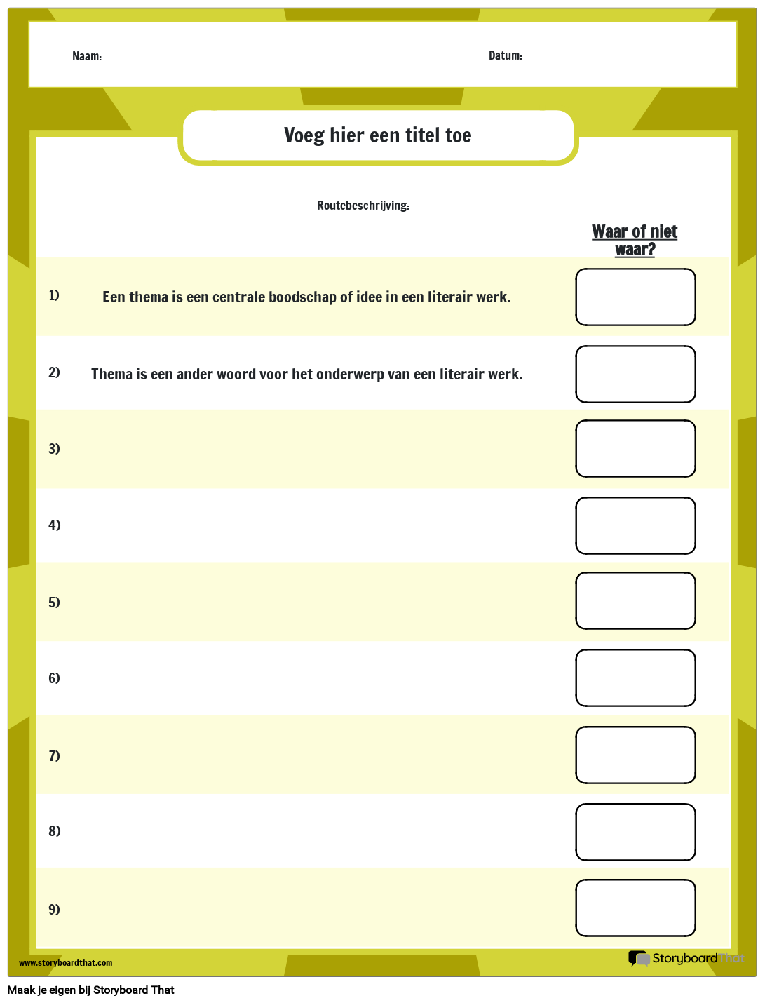 Het thema identificeren Werkblad - Waar of niet waar