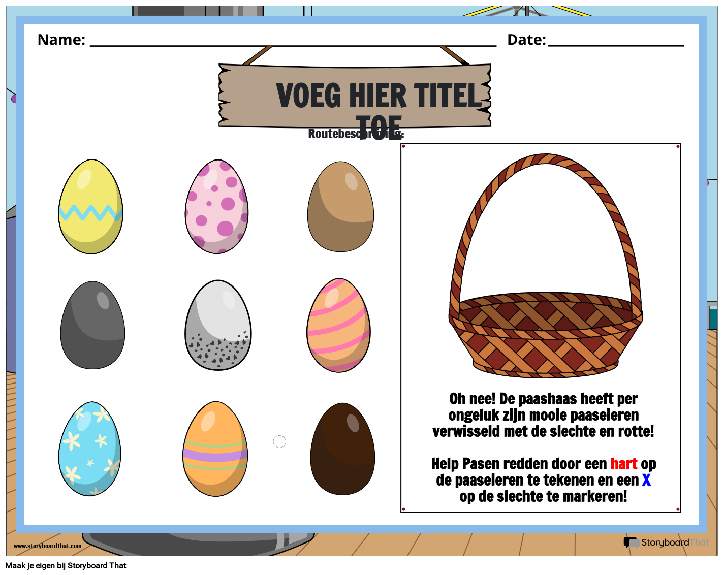 Instructie-werkblad met Kleuren en Volgen met Pasen-thema