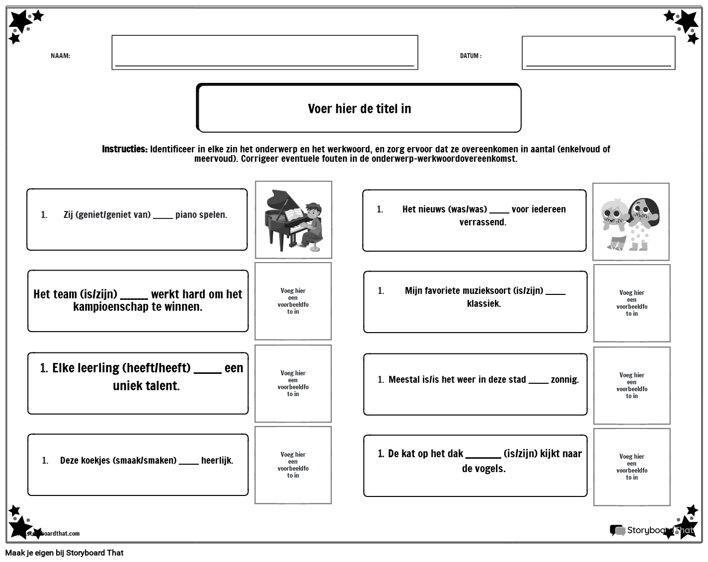 Onderwerp Werkwoordovereenkomst - Werkblad grammatica met afbeeldingen - BW