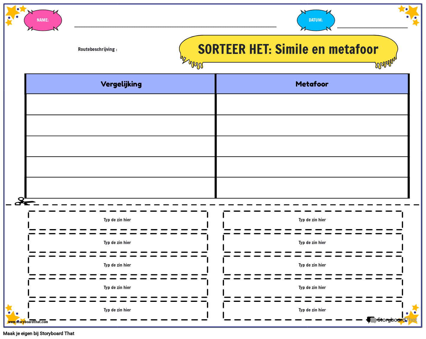 Sorteeractiviteit Simile en Metafoor Storyboard