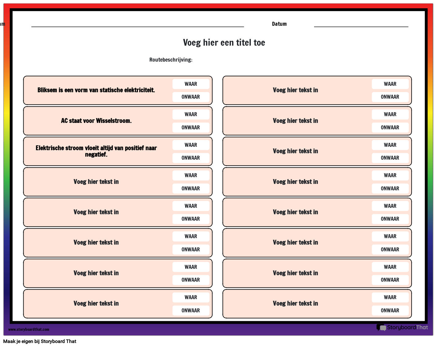 Waar of Niet Waar Elektriciteitswerkblad Storyboard