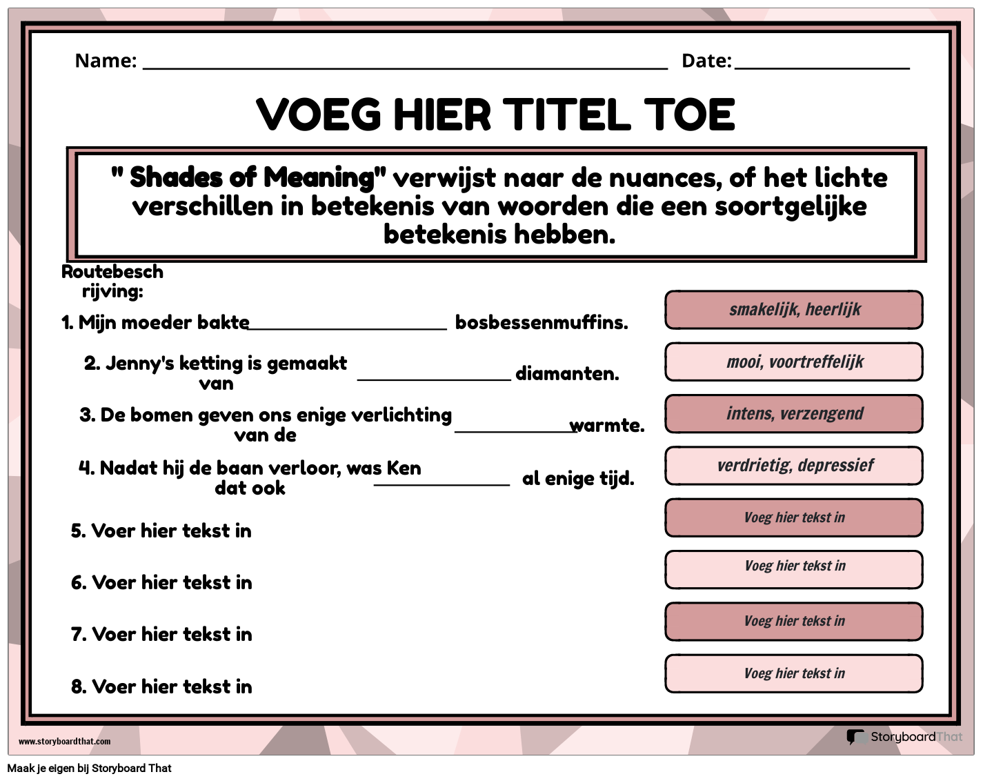 Zinnen aanvullen met sterkere woorden - Werkblad Betekenisschakeringen