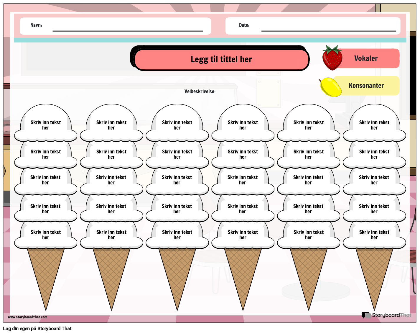 Iskrem-tema vokaler og konsonant arbeidsark Storyboard