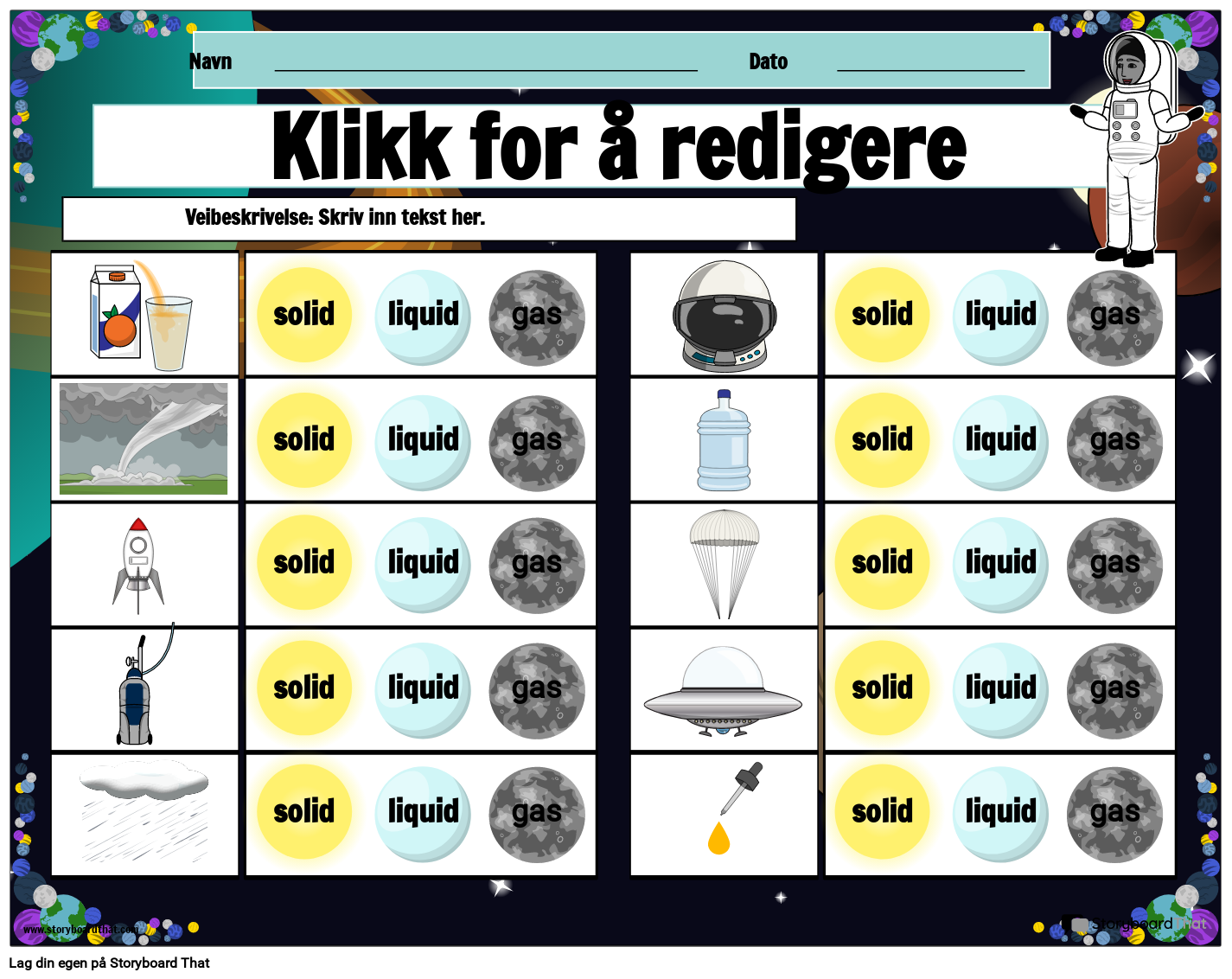 Planet-tema Regnearkdesign til Tilstander av Materie