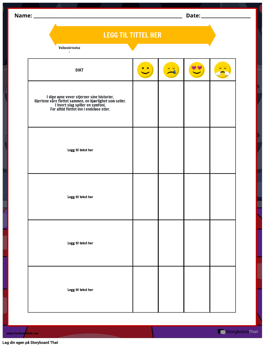 Stemning og Tone i et Diktarbeidsark Storyboard
