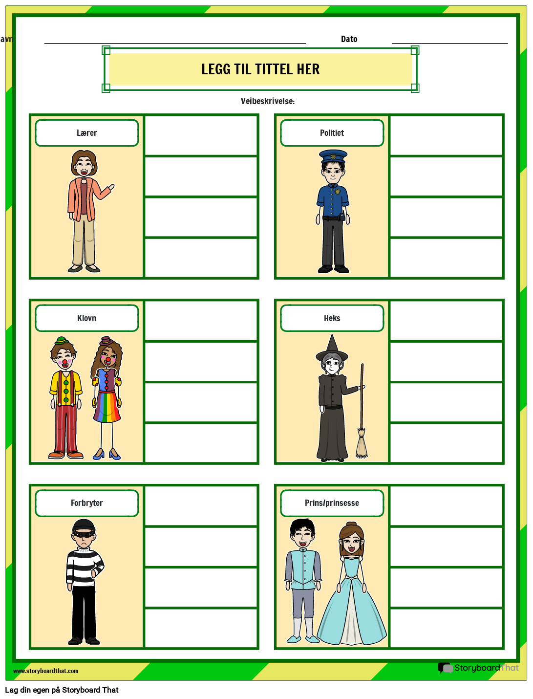 Vanlige karakterer og deres egenskaper Storyboard