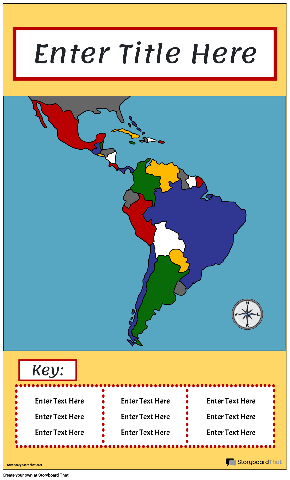 Central and South America Map Poster Template with a Color Coded Map