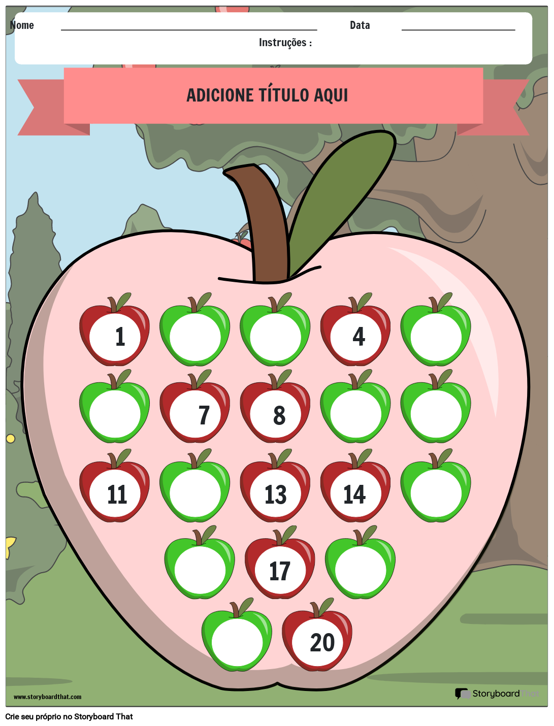 Atividade de números ausentes com tema Apple de 1 a 20