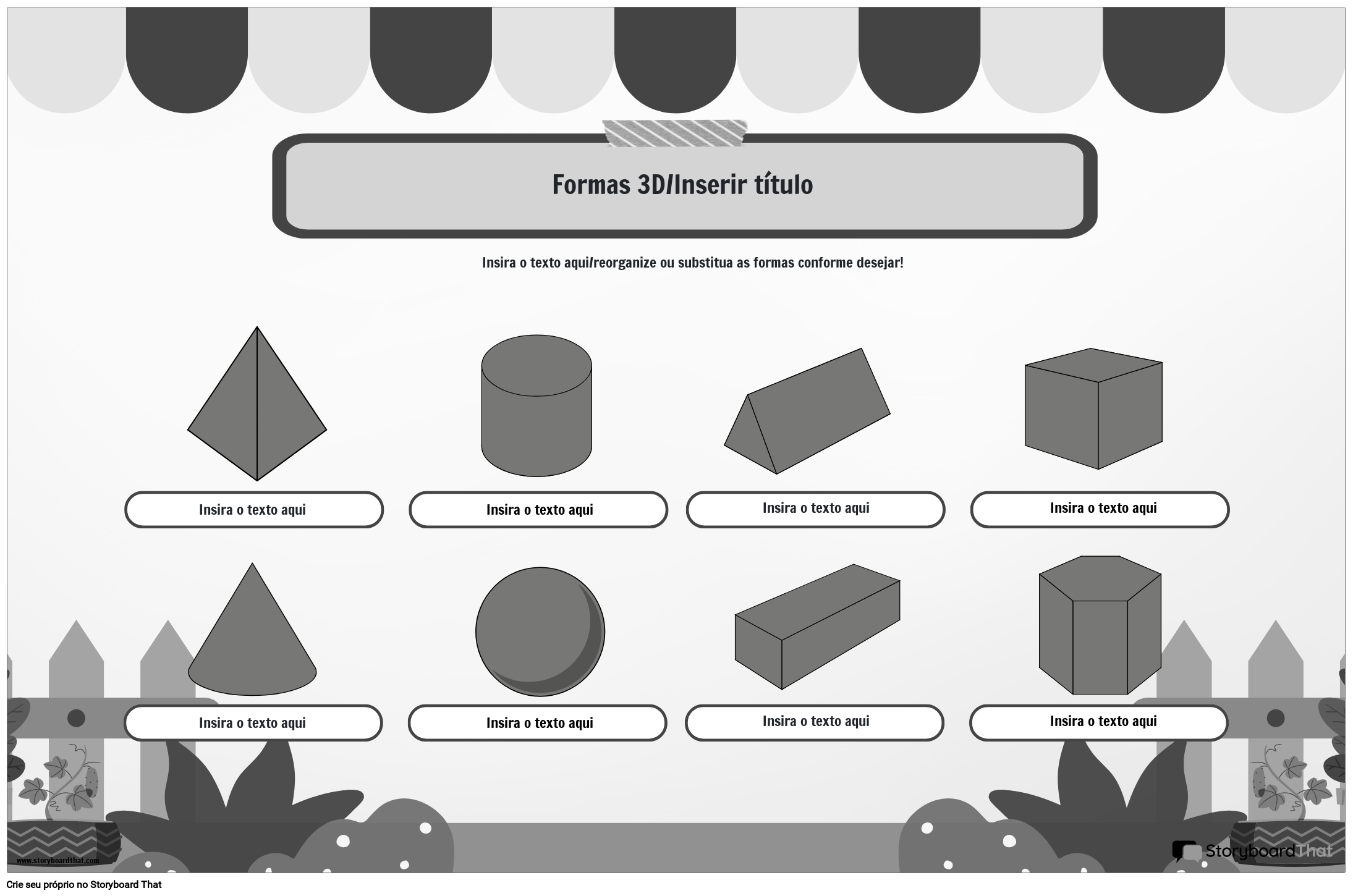 Formas 3D com tema de jardim - preto e branco
