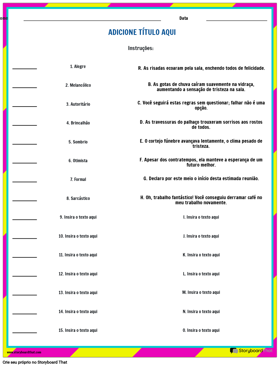 Planilha De Descrição Do Tom De Uma Frase Storyboard