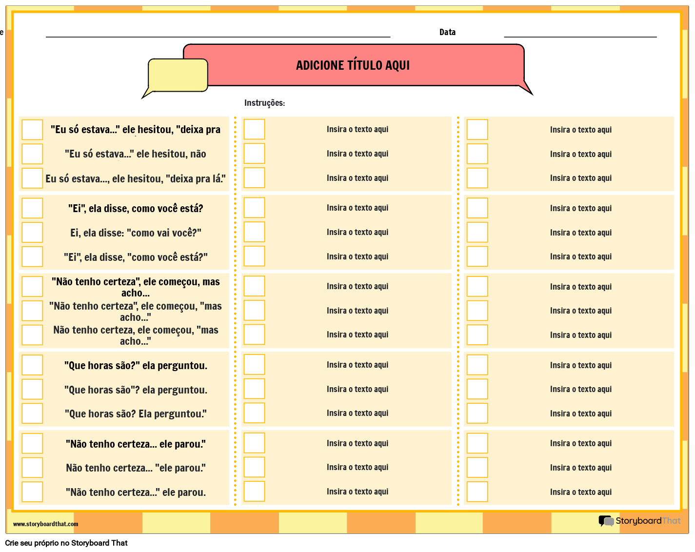 Planilha De Diálogo De Pontuação Storyboard Par Pt Examples