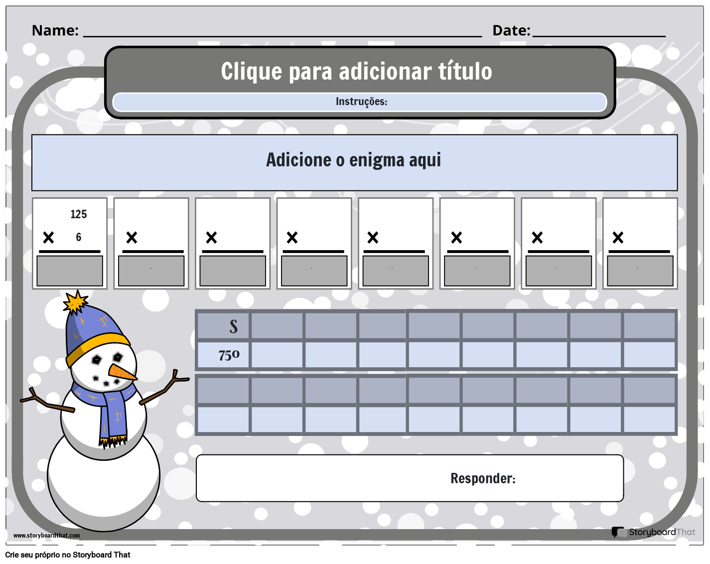 Planilha de Enigma Matemático de Multiplicação com Tema de Inverno