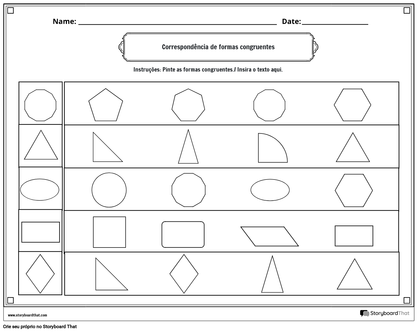 Planilha de formas congruentes com coloração (preto e branco)