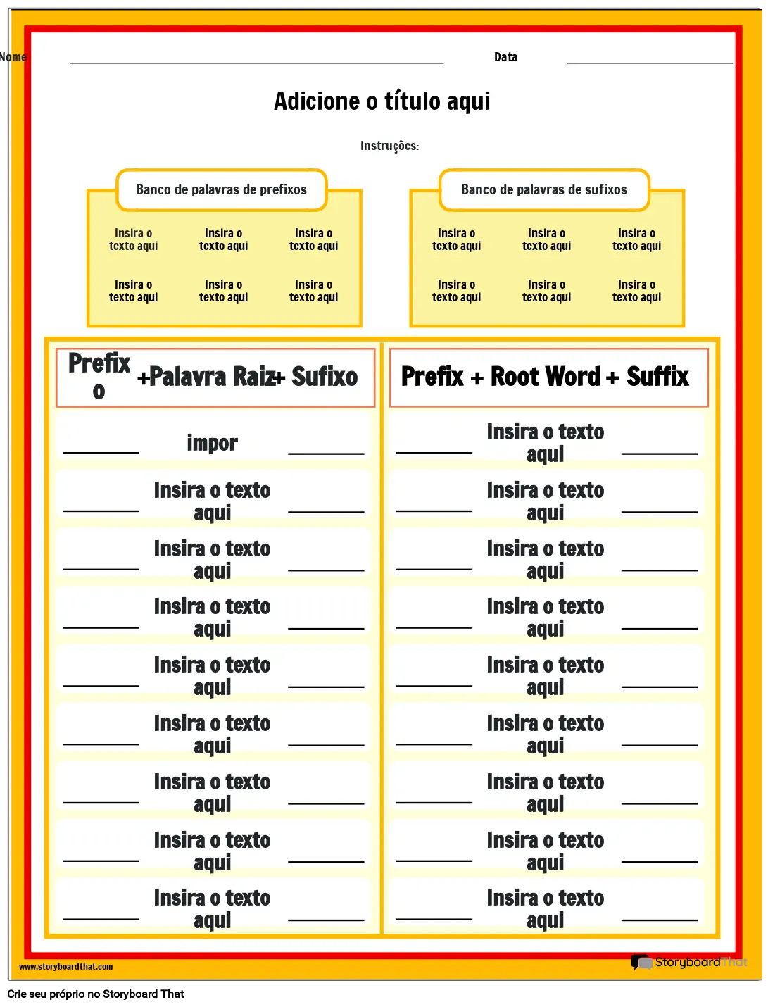 Planilha de Prefixo e Sufixo Para Impressão Gratuita