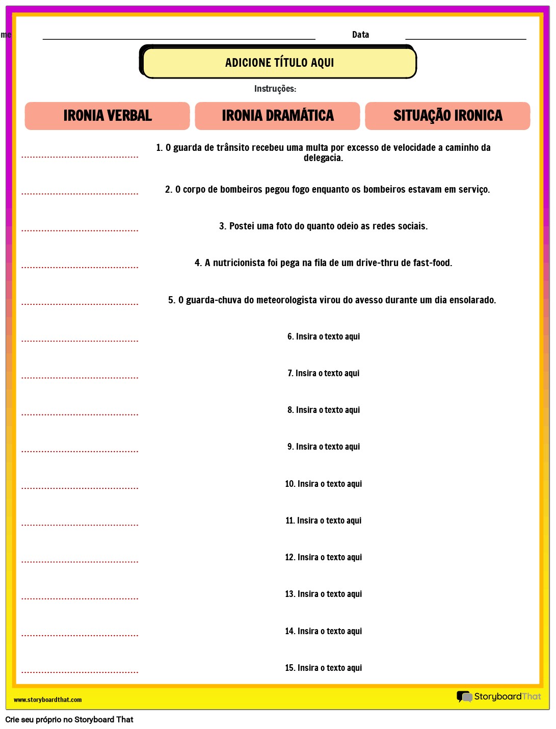 Planilha Reconhecendo Tipos de Ironia Storyboard