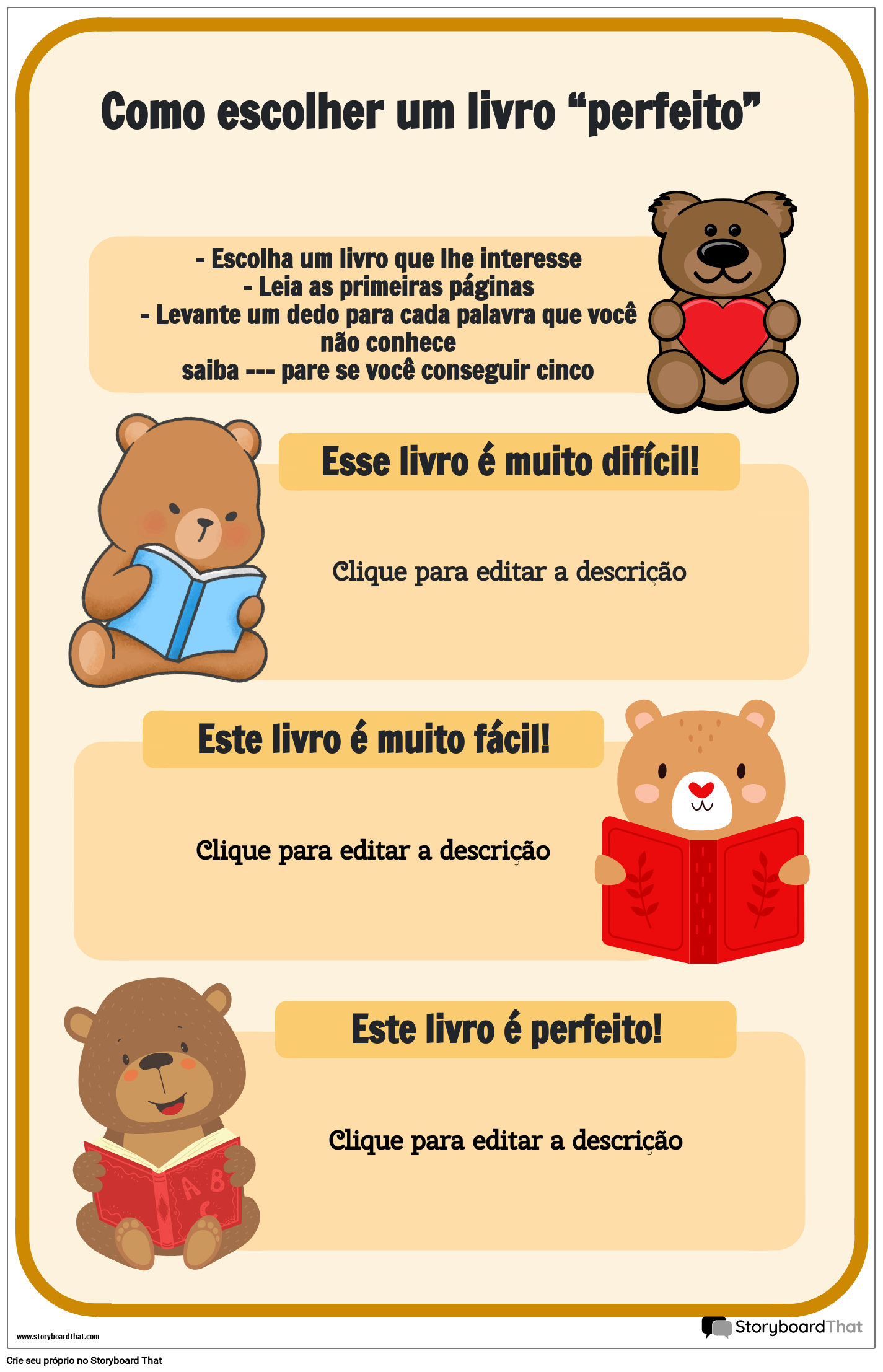 Pôster do Livro Just Right com Tema de Urso Storyboard
