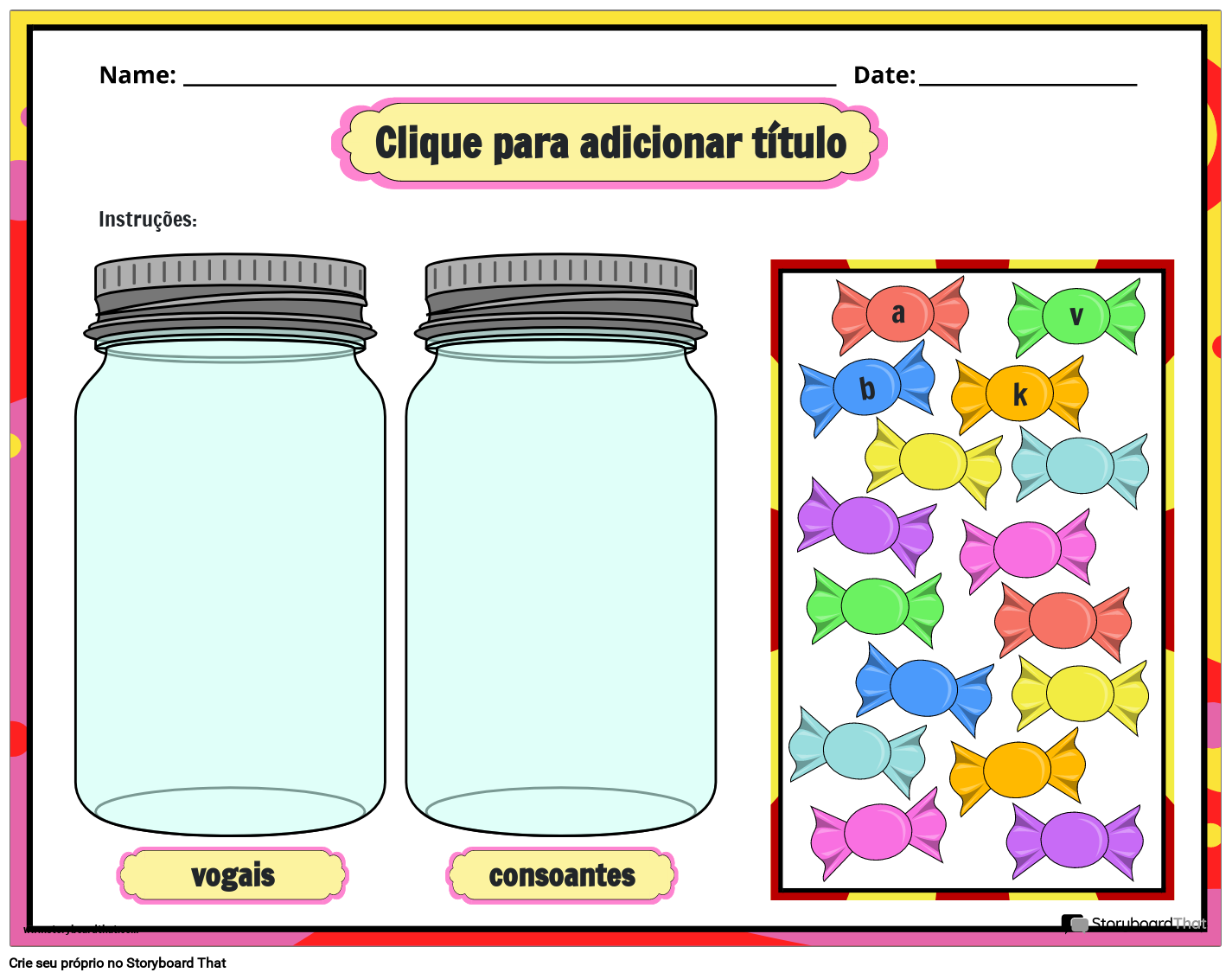 Tema Candy - Planilha de Vogais e Consoantes Storyboard