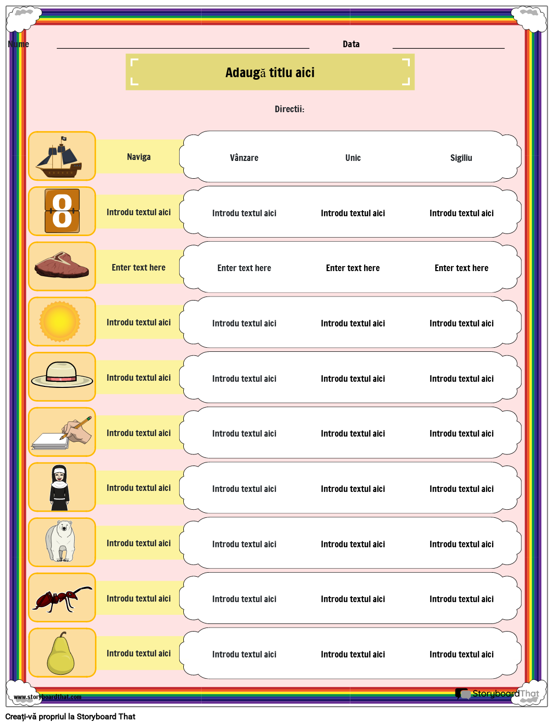 Alegerea Fișei de Lucru cu Omonime Potrivite Storyboard