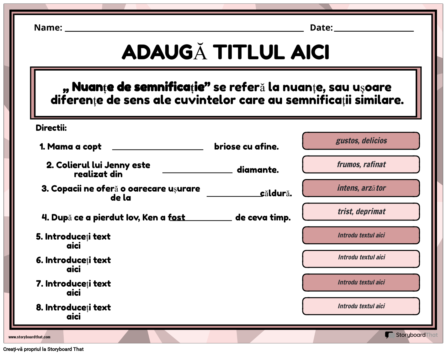 Completarea propozițiilor cu cuvinte mai puternice - Fișa de lucru Nuanțe d