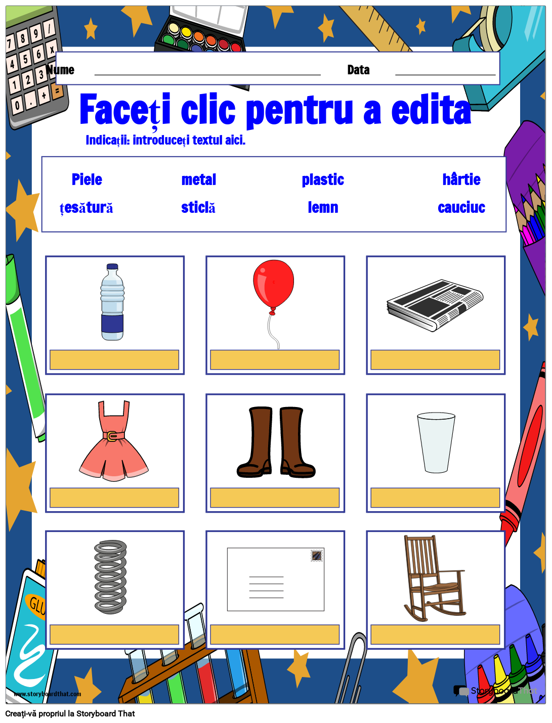 Exemplu de fișă de lucru pentru minerale și proprietăți cu obiecte din clas