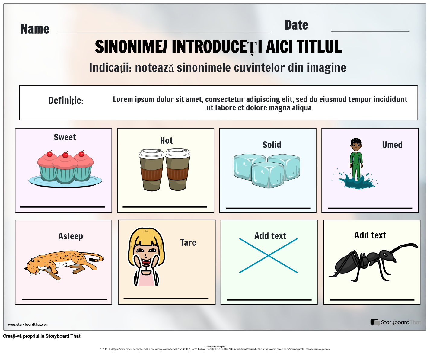 fișă de lucru cu sinonime personalizabile Storyboard