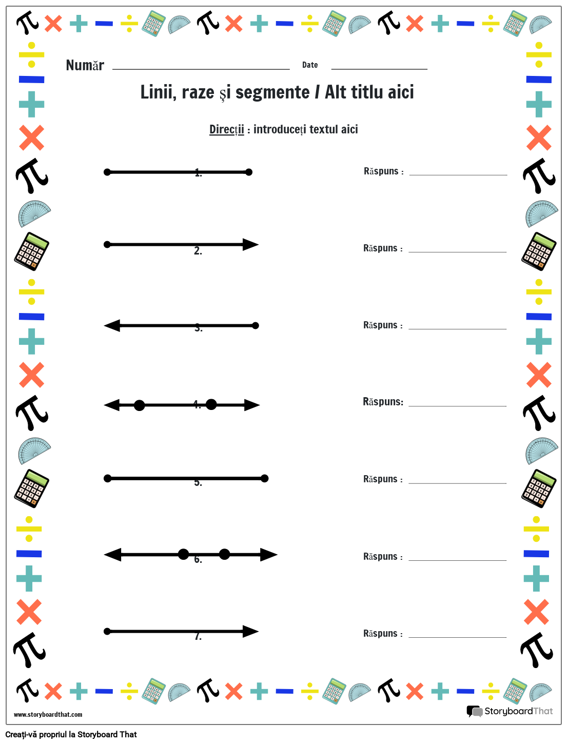 Fișa de lucru cu linii și raze tematică matematică
