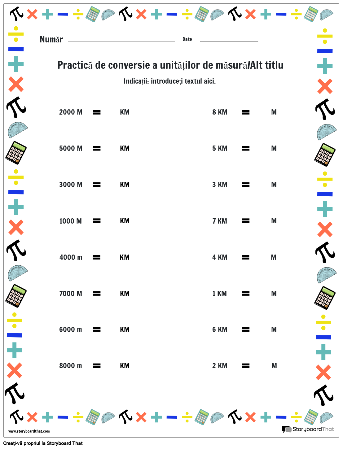 Foaie de lucru de conversie a valorilor de măsurare cu chenar matematic