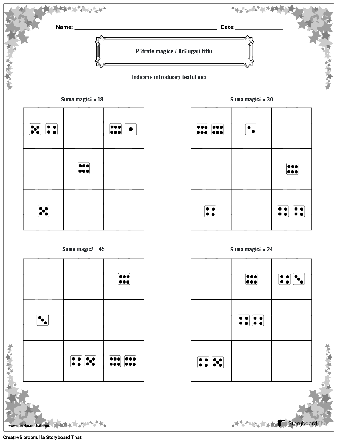 Foaie de lucru Dice Count Magic Squares cu chenar cu stea (alb-negru)