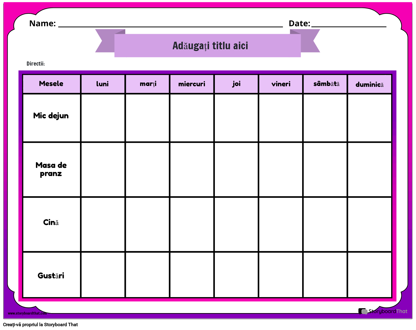 Planul Săptămânal de Masă Sănătoasă - Fișă de Lucru Pentru Nutriție