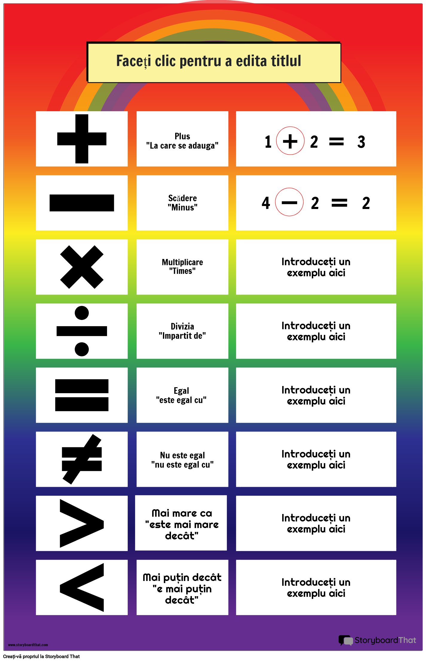 Simboluri matematice cu tematică curcubeu cu afiș exemplu