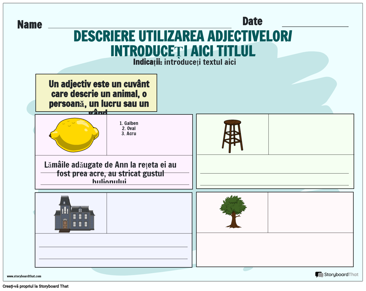 Utilizarea adjectivelor pentru fișa de lucru de descriere